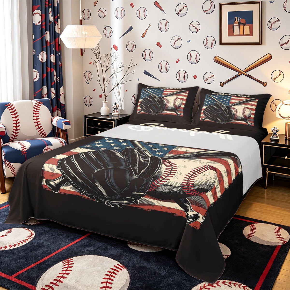 Castle Fairy Vintage Baseball King Sheets 4pcs, USA Flag Crossed Bat ...