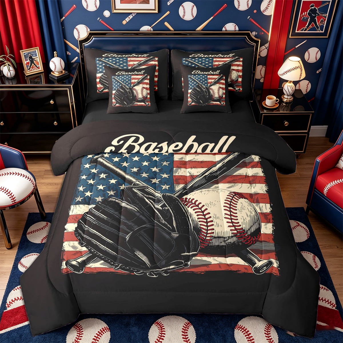 Castle Fairy Vintage Baseball Twin Bedding 7-Piece, USA Flag Crossed ...
