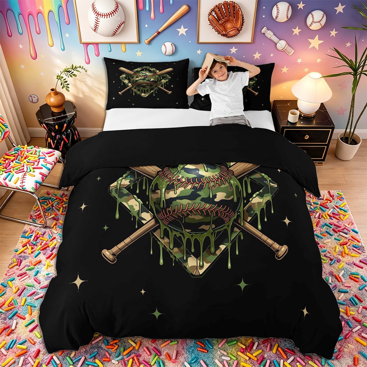 Castle Fairy Vintage Camo Baseball Duvet Cover Queen, Graffiti ...