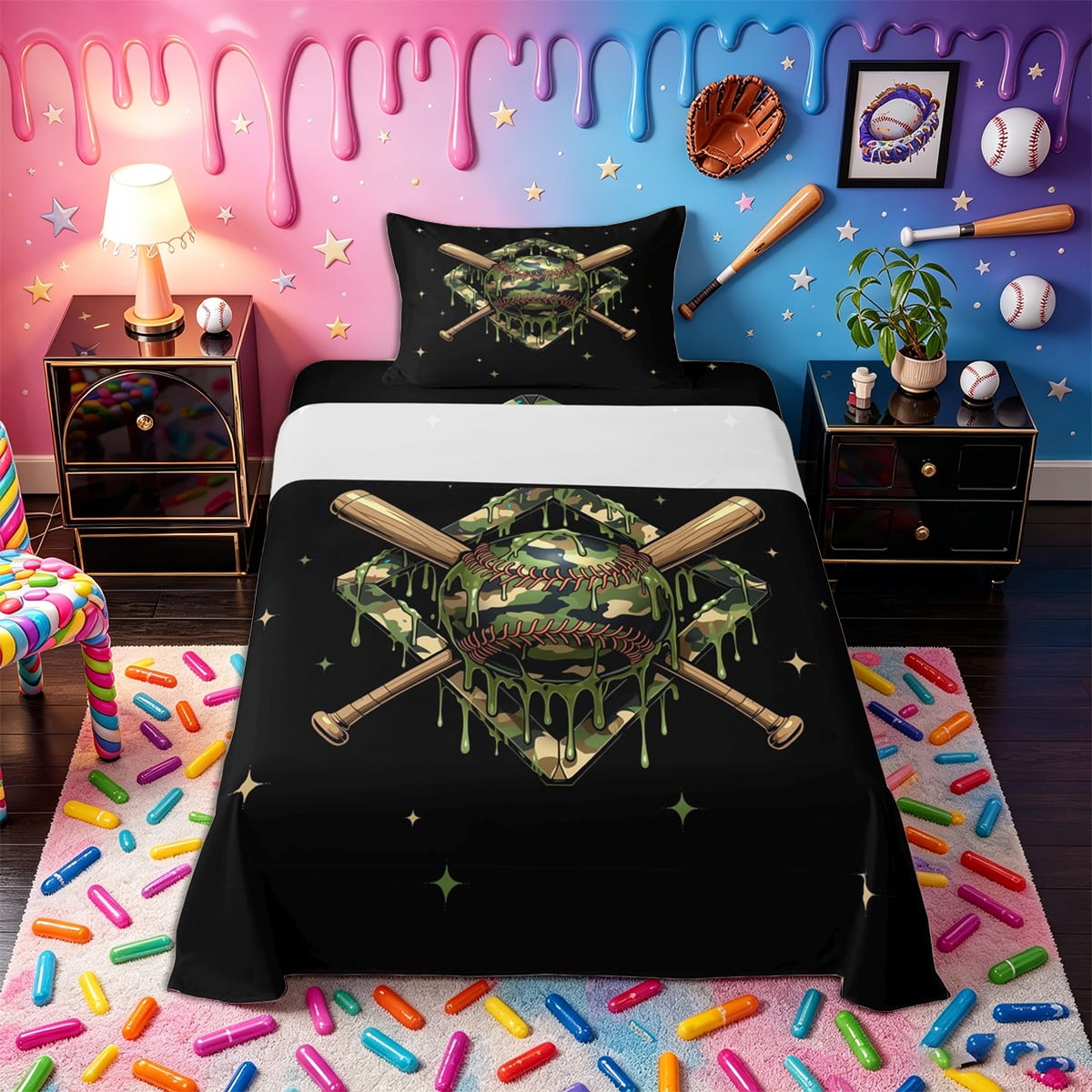 Castle Fairy Vintage Camo Baseball Twin Sheets 3pcs, Graffiti ...