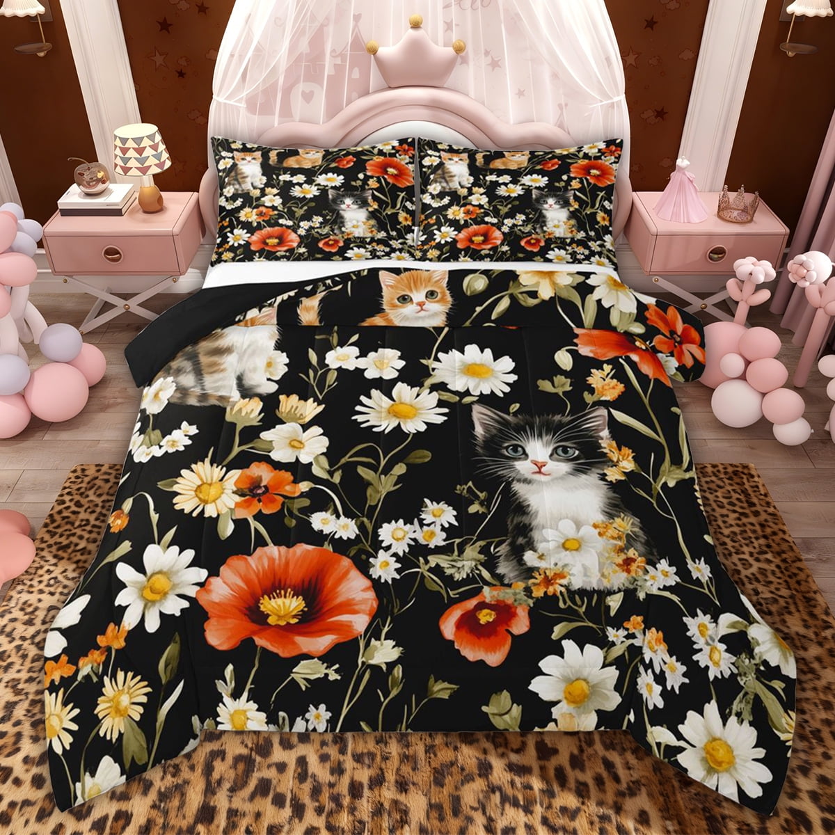 Castle Fairy Vintage Floral Daisy Queen Comforter Set,Animal Cats ...