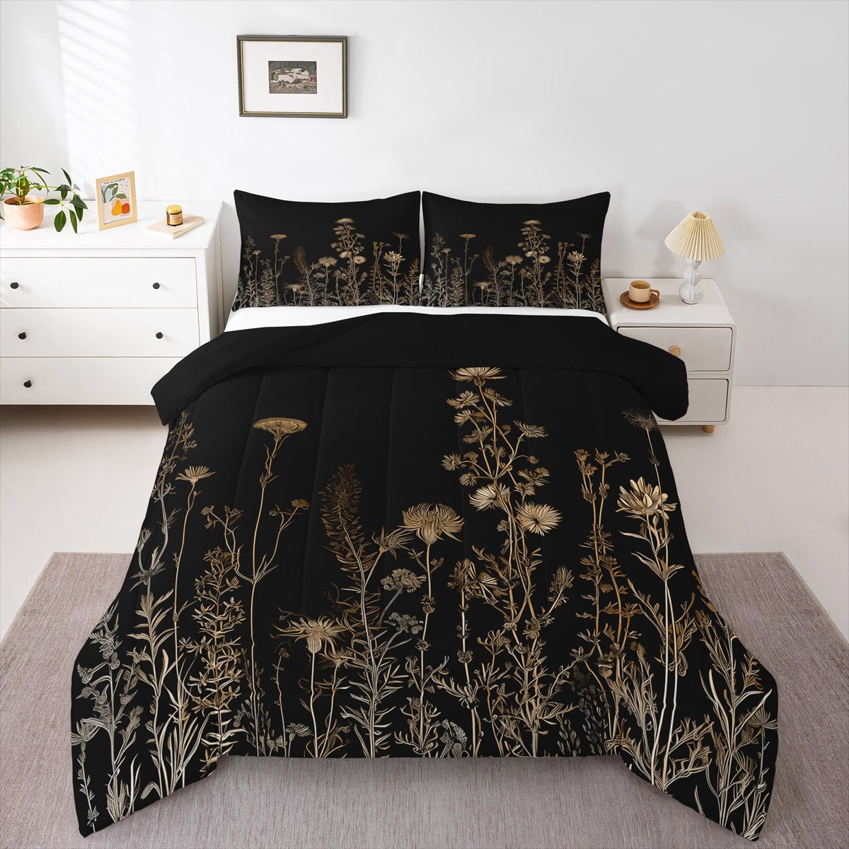 Castle Fairy Vintage Flowers Leaves Queen Comforter Set,Black Brown ...