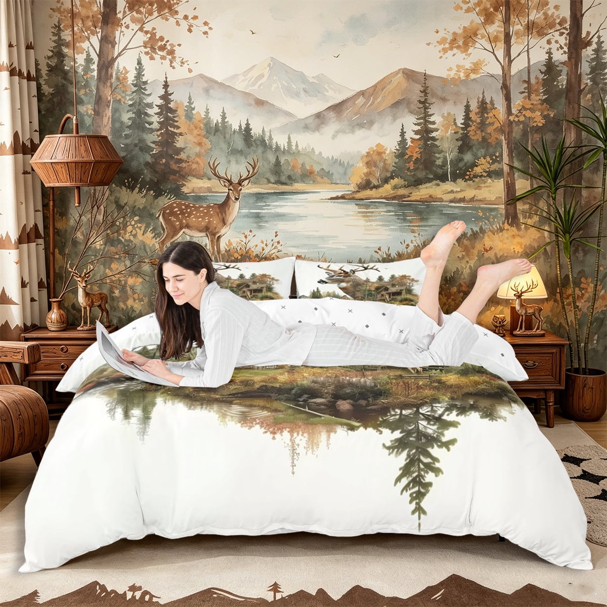 Castle Fairy Vintage Rustic Cabin Deer Bedding,Autumn Pine Lake Scenery ...