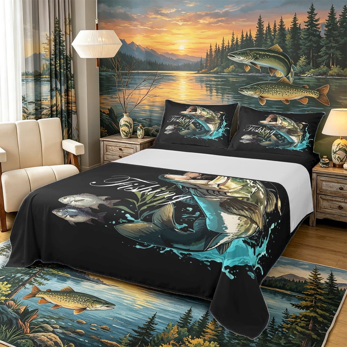 Castle Fairy Vintage Script Bass Queen Sheets 4 Pieces,Water Splash ...