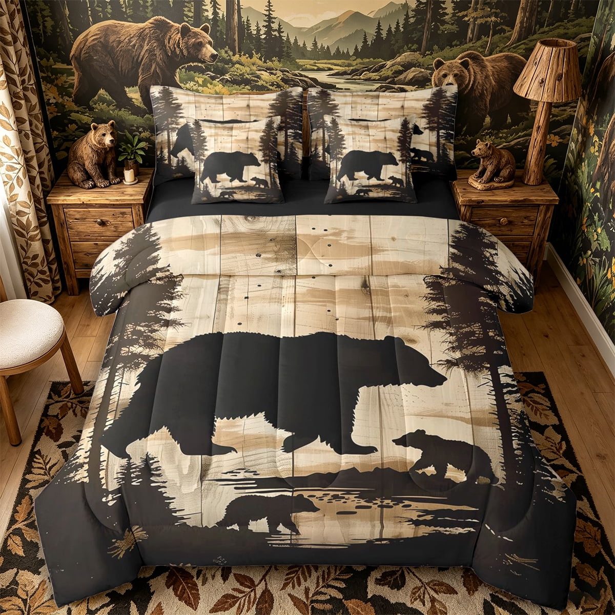 Castle Fairy Vintage Wood Plank Bear Silhouette Queen Bedding 7pcs,Pine ...