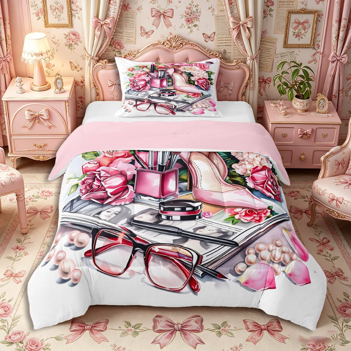 Castle Fairy Watercolor Pink Rose Makeup Print Twin Comforter Sets 2pcs ...