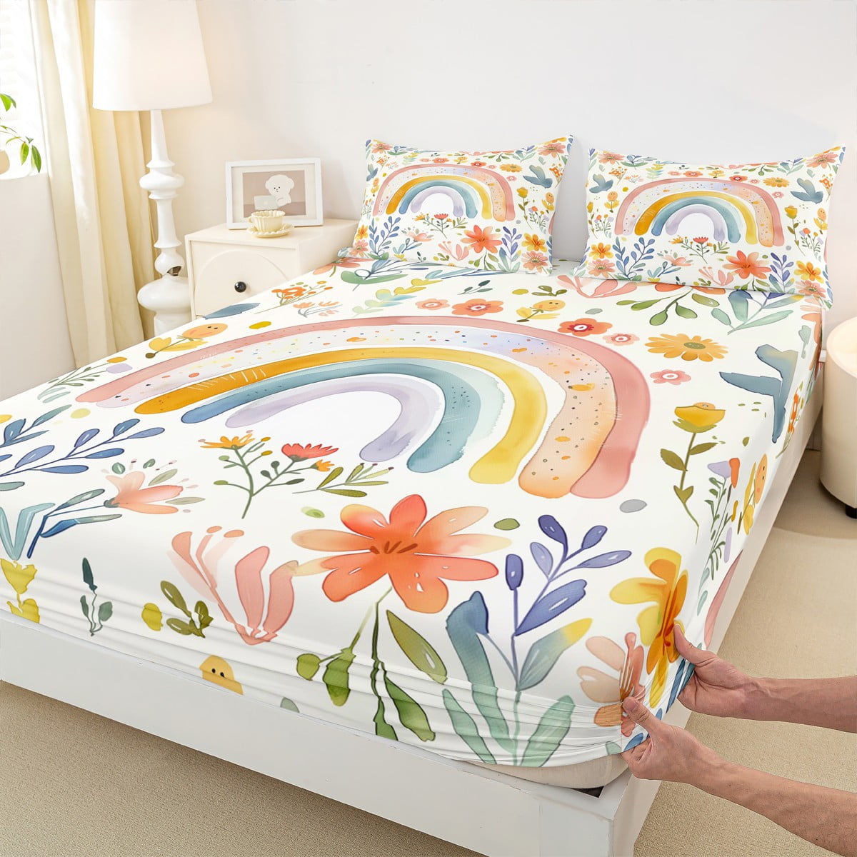 Castle Fairy Watercolor Rainbow 3pcs Twin Sheet Sets,Cartoon Flower Twin Fitted Sheet,Gradient ...