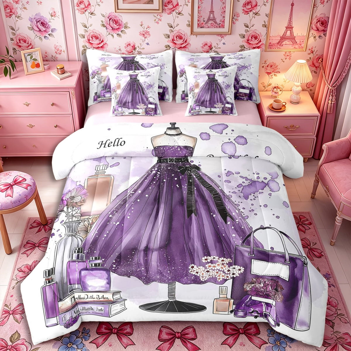 Castle Fairy Watercolor Sparkle Dress Full Size Bedding Sets 7 Pieces ...