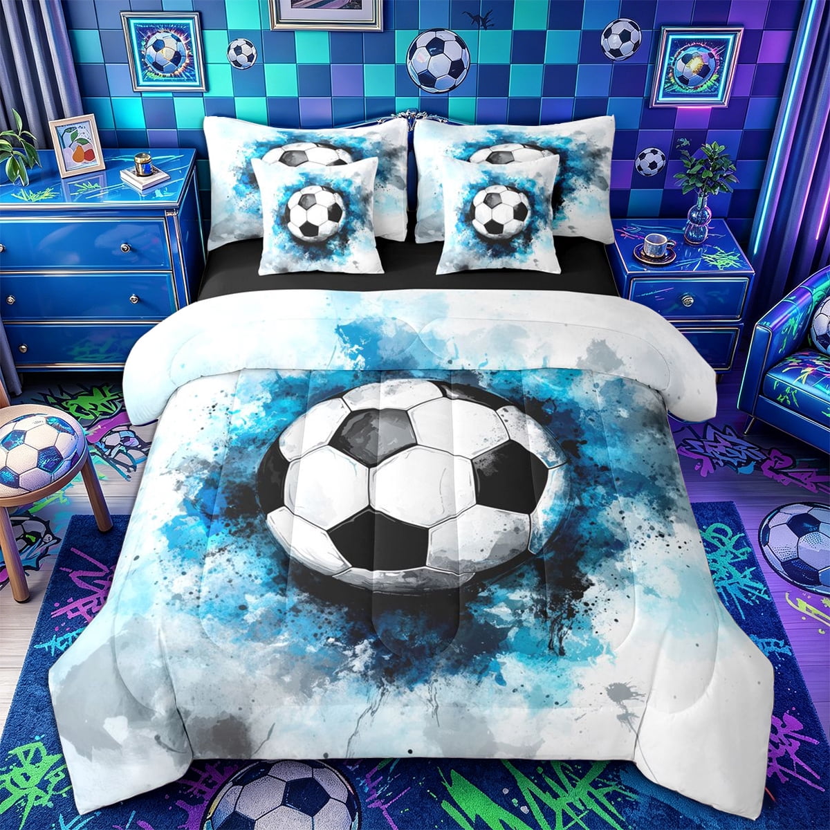 Castle Fairy Waterolor Soccer Print Full Size Bedding Sets 7 Pieces ...