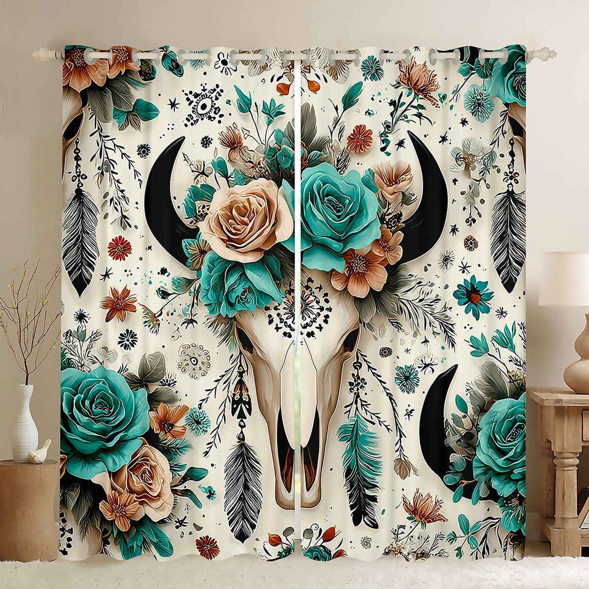Castle Fairy Western Bull Skull Black Out Curtains,Rose Curtains Pack ...