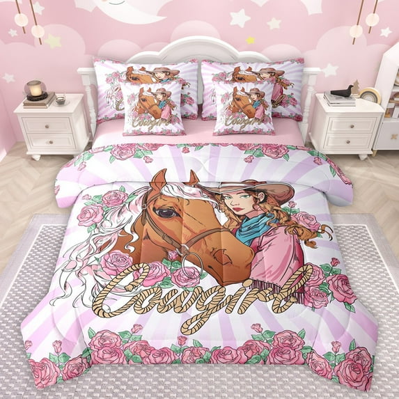 Castle Fairy Western Cowgirl Twin Bedding Sets 7-Piece for Girls,Chic Floral Rose Horse Bedding ...