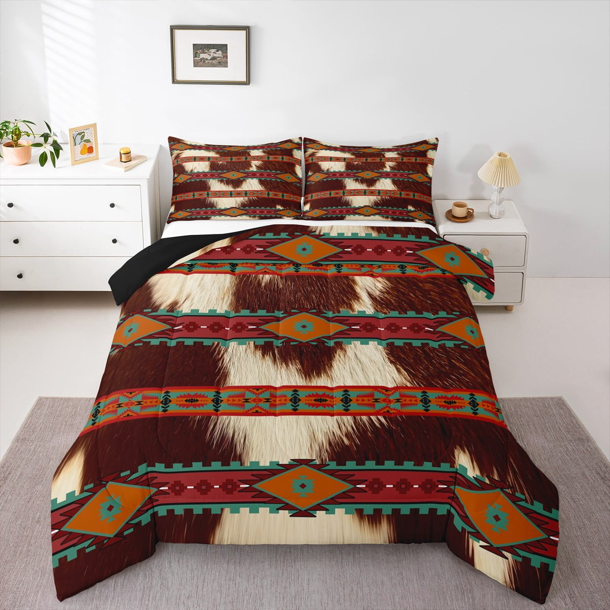 Castle Fairy Western Farmhouse Cow Print Queen Comforter Set,Aztec ...