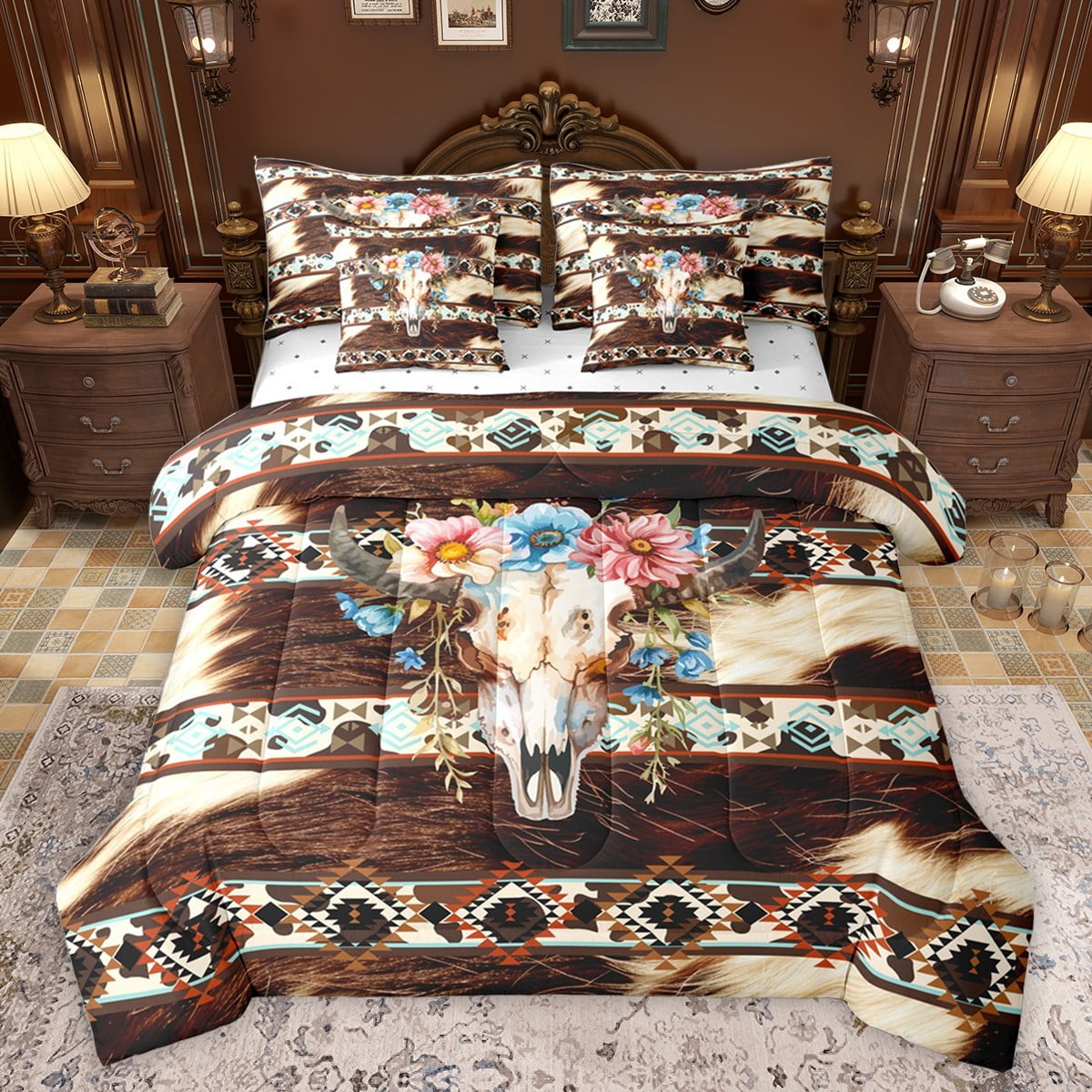 Castle Fairy Western Floral Bull Skull Bedding Comforter Set 7 Pieces ...