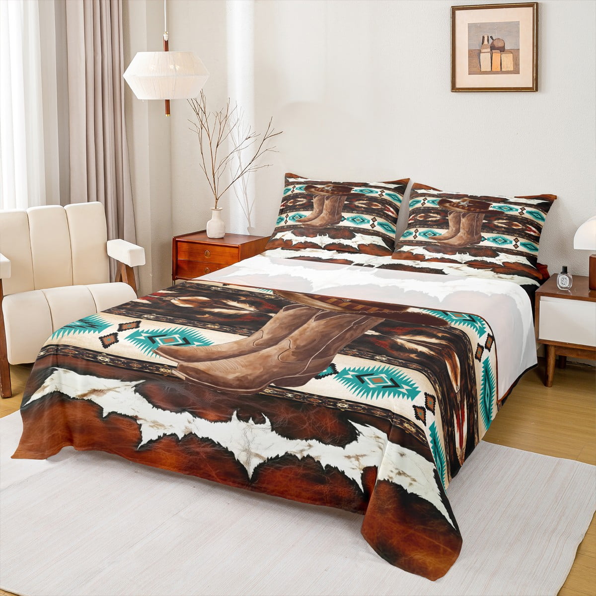Castle Fairy Western Tribal Aztec Full Size Sheets,Brown Boots Hat Bed ...