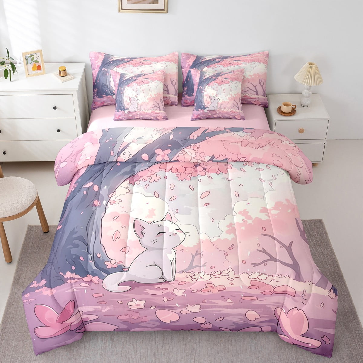 Castle Fairy White Cats Bedding Comforter Set,Floral Cherry Blossom ...