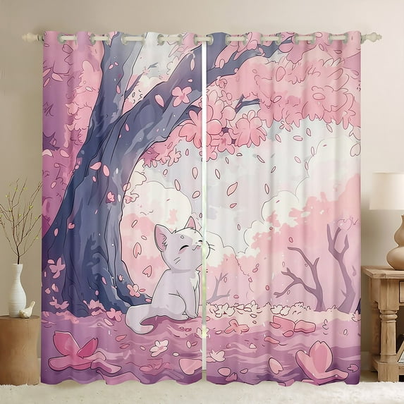 Castle Fairy White Cats Black Out Curtains,Cherry Blossom Curtains Pack ...