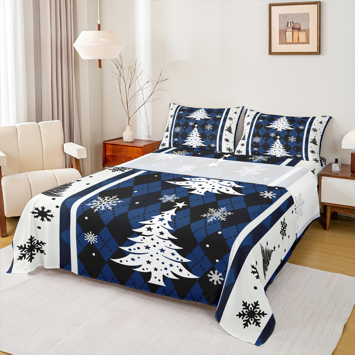 Castle Fairy White Snowflake Xmas Tree Boy Girl 4Pcs Bed Sheets,Black ...