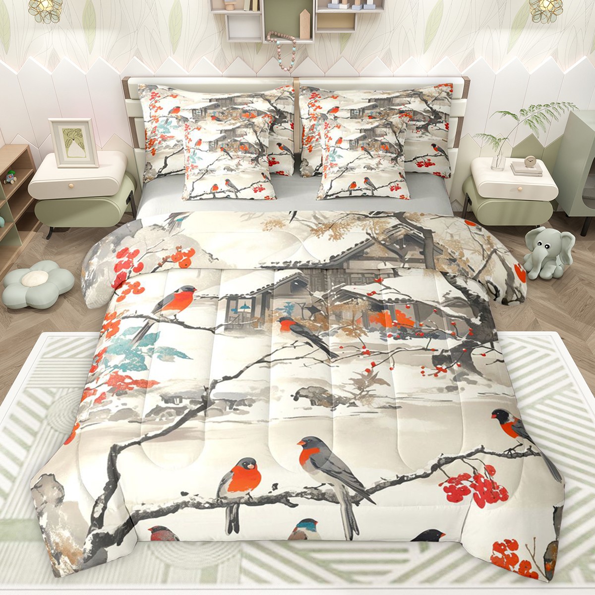 Castle Fairy Xmas Animal Cardinal Bird Bedding Comforter Set 7-Piece ...