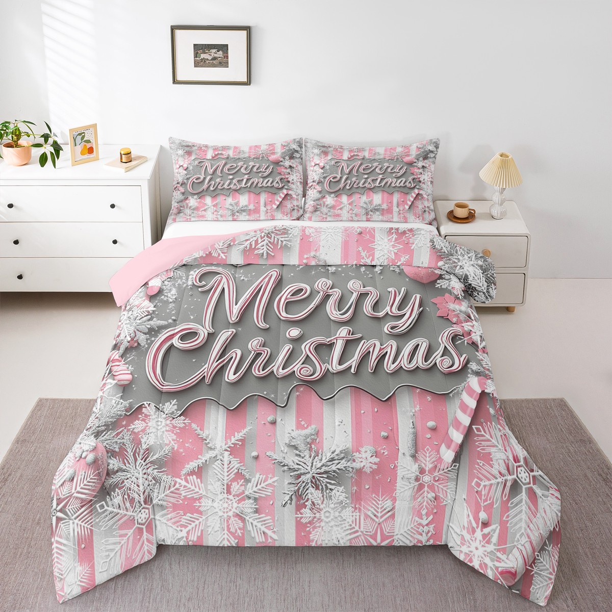 Castle Fairy Xmas Candy Cane Snowflake 3-Piece Full Size Comforter Sets ...
