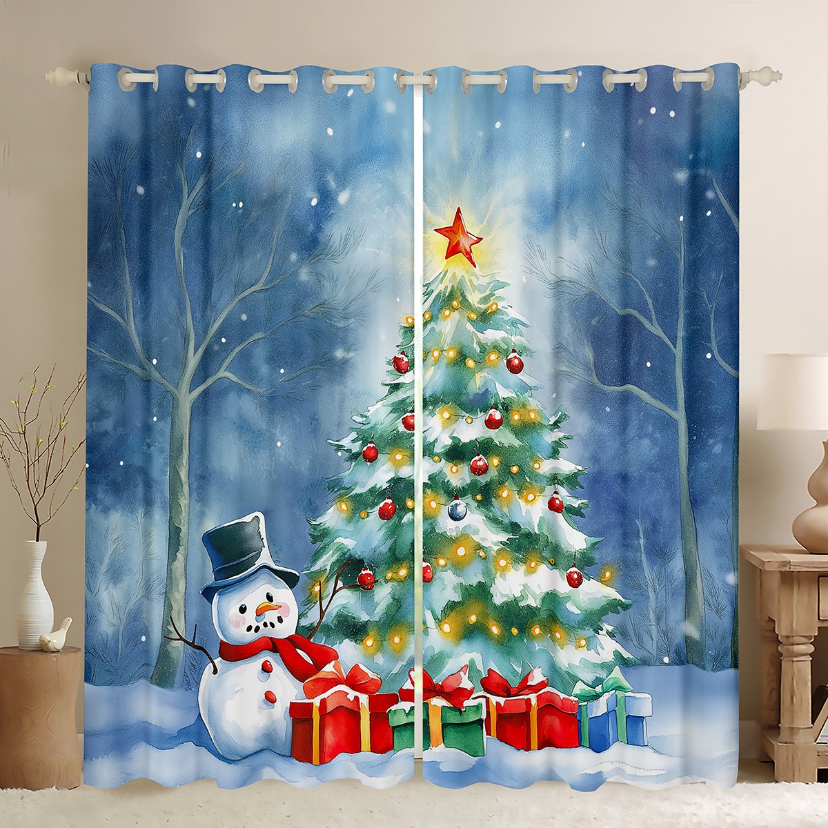 Castle Fairy Xmas Snowman Christmas Tree Blackout Curtains Set of 2 ...