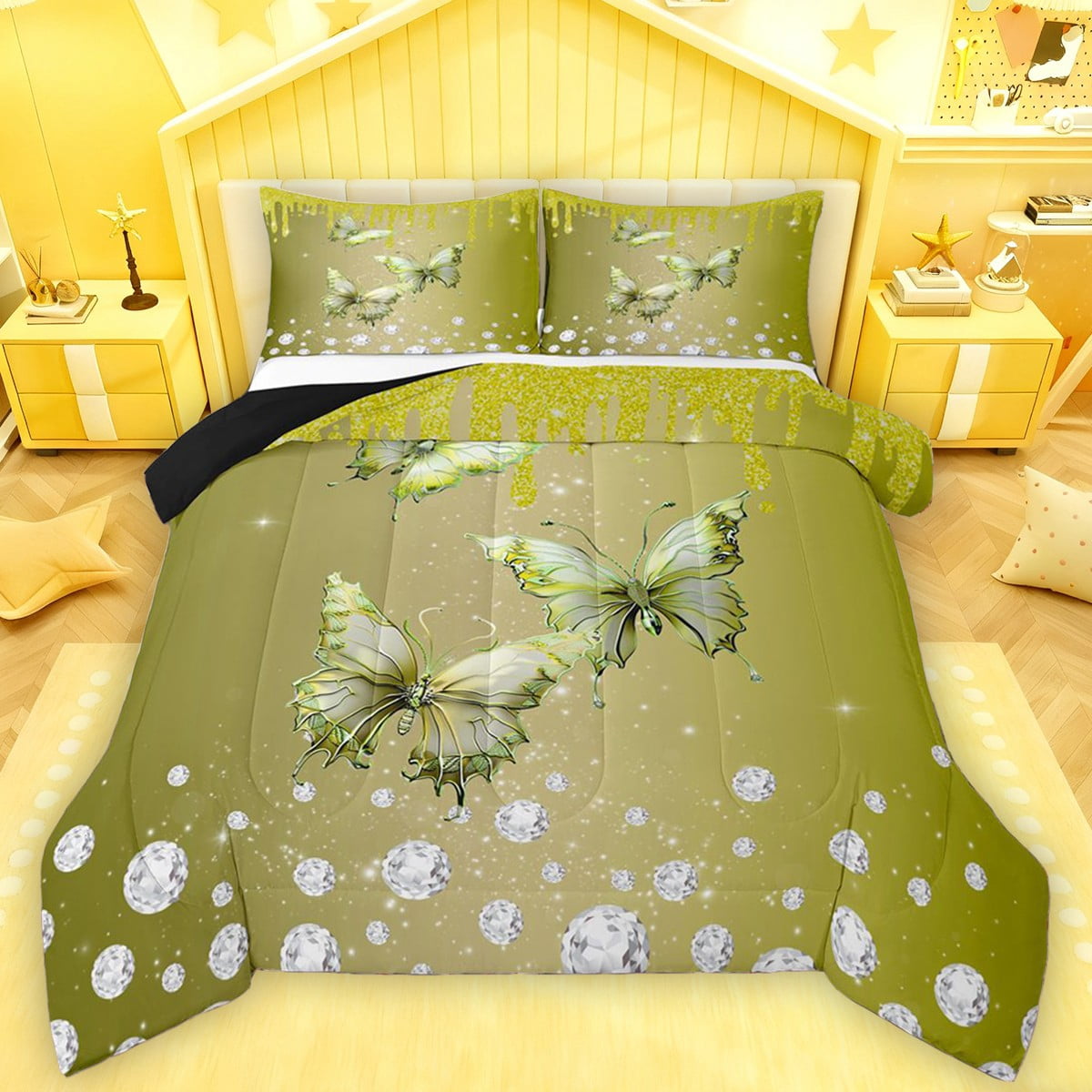 Castle Fairy Yellow Floral Butterflies Full Size Comforter Sets 3-Piece ...