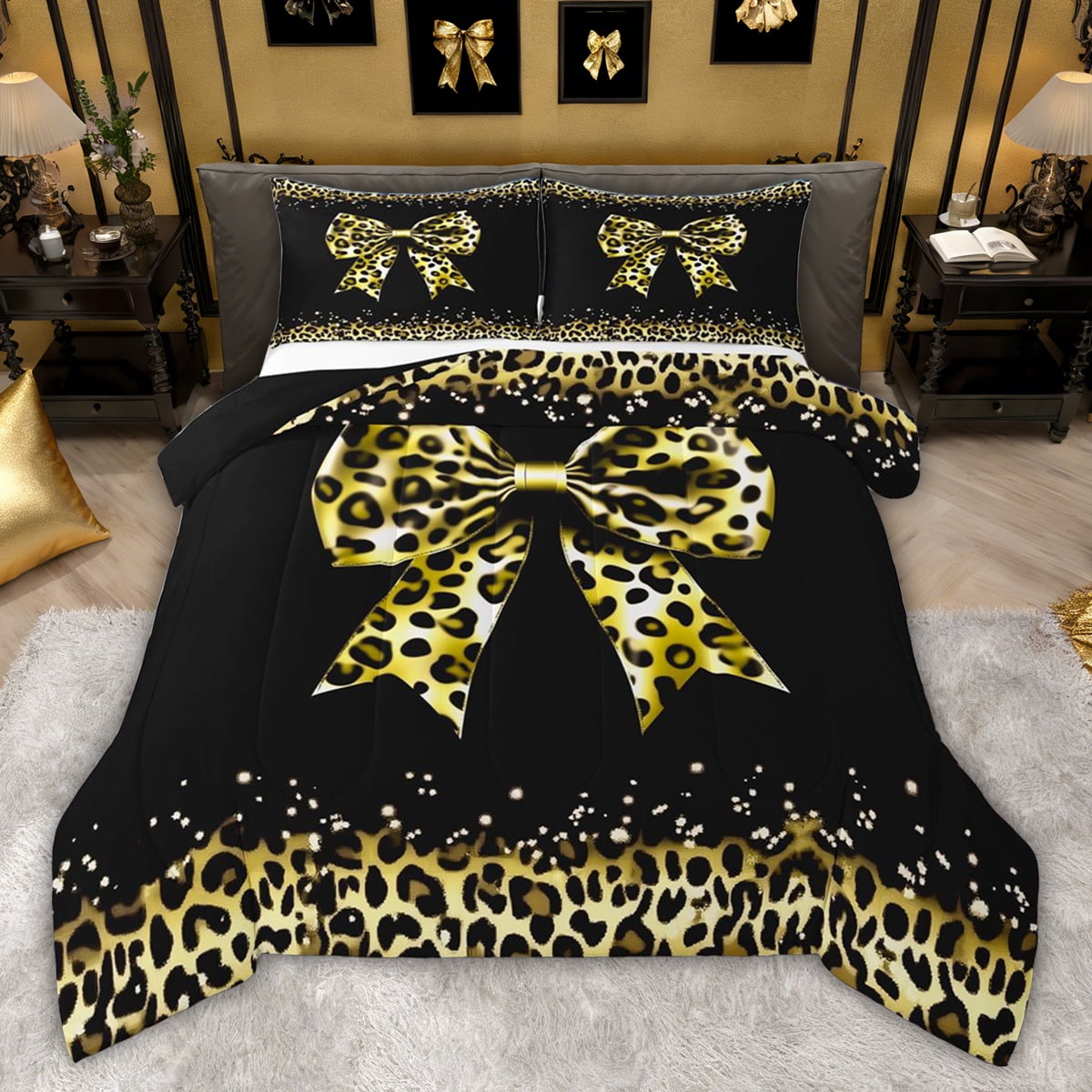 Castle Fairy Yellow Ribbon Bow Queen Comforter Set,Leopard Print ...