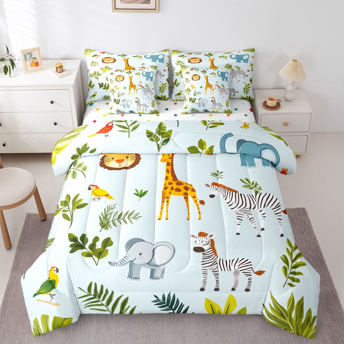 Castle Fairy Zebra Giraffe Elephant Bedding Comforter Set,Tree Leaves ...
