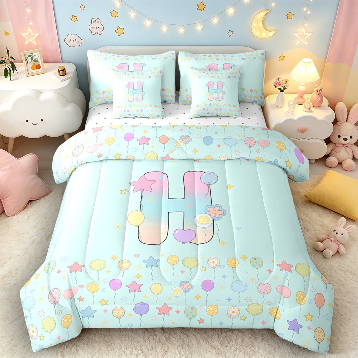 Castle Fairy Balloon Letter H Twin Bedding Sets 7-Piece for Kids,Pastel ...