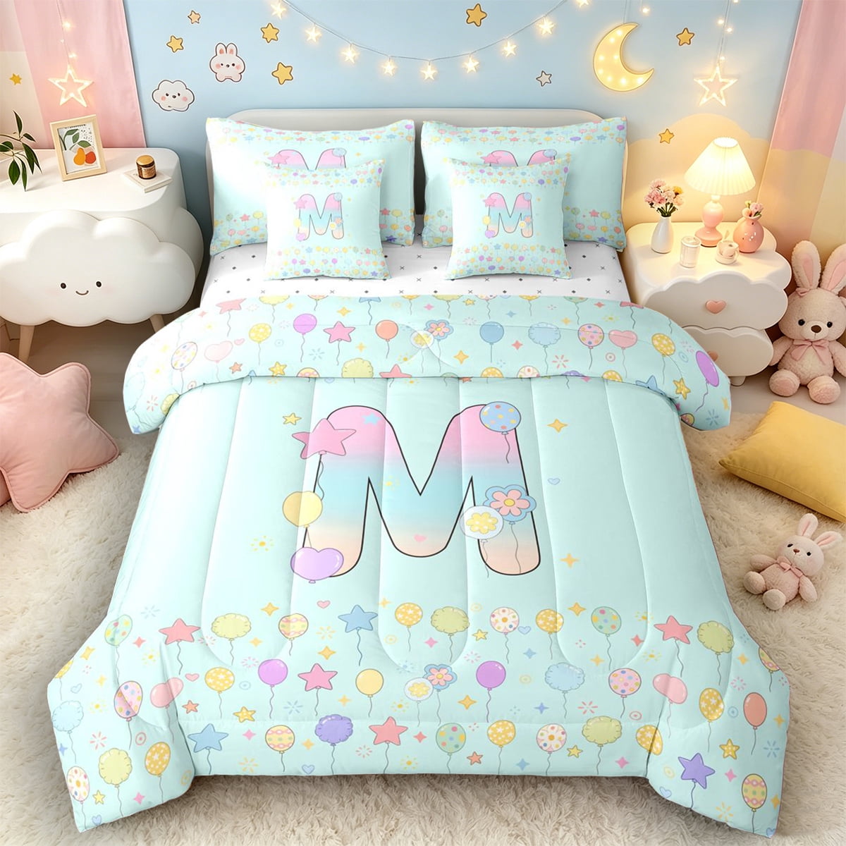 Castle Fairy Balloon Letter M Bedding Comforter Set 7 Pieces for Kids ...