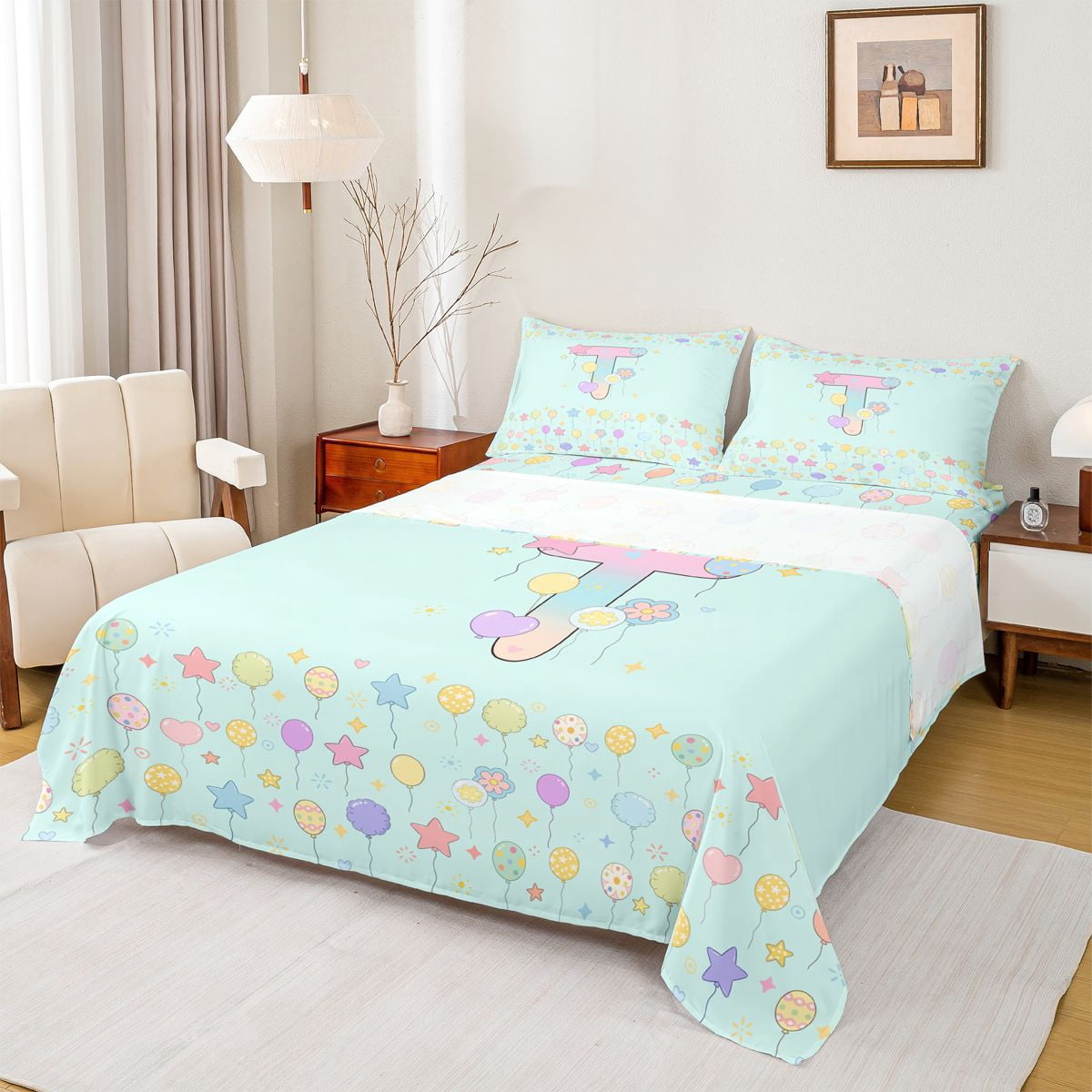 Castle Fairy Balloon Letter T Queen Sheet Sets 4 Pieces for Kids,Pastel ...