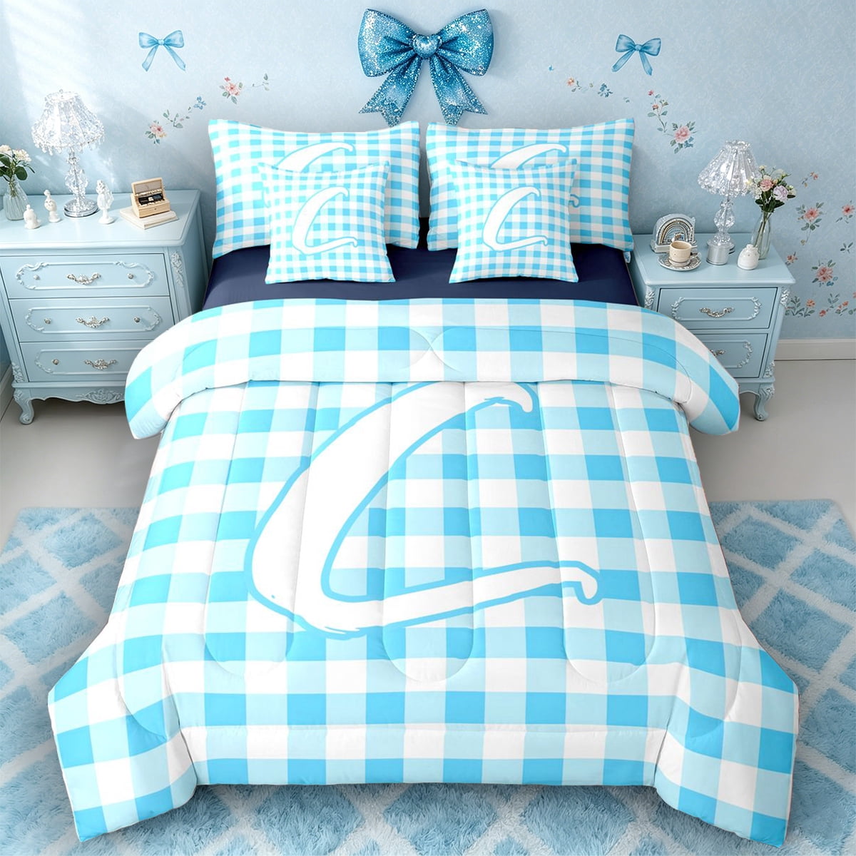 Castle Fairy Blue Check Letter C Bedding Comforter Set 7 Pieces for ...