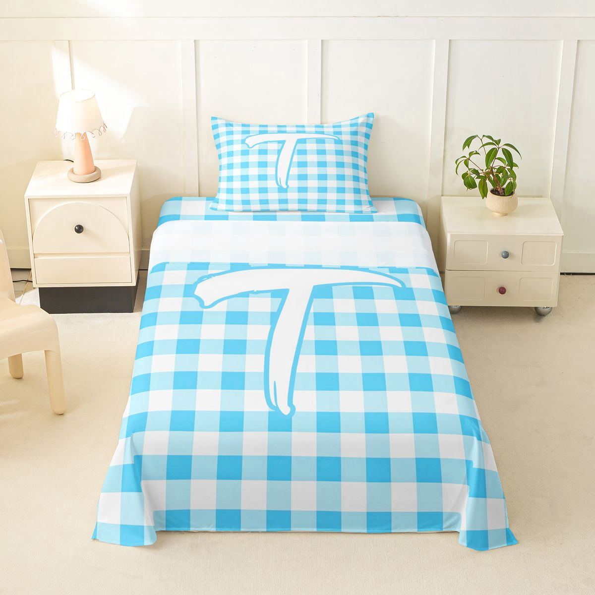 Castle Fairy Blue Check Letter T Twin Sheet Sets 3pcs for Kids ...