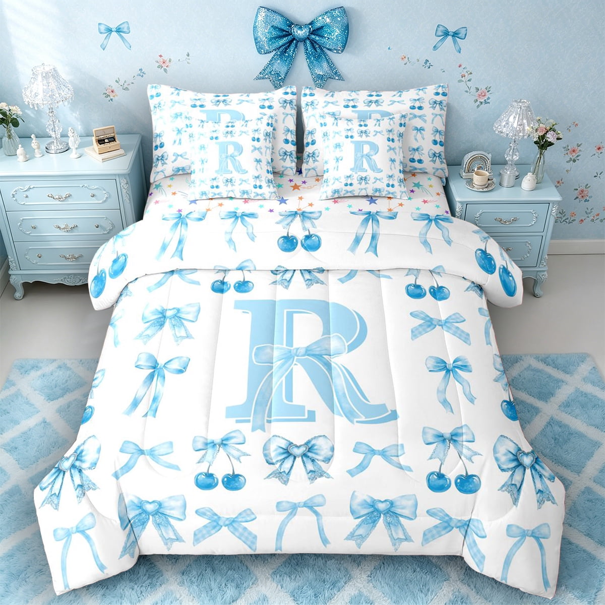 Castle Fairy Blue Cherry Bow Letter R Twin Bedding Sets 7-Piece for ...