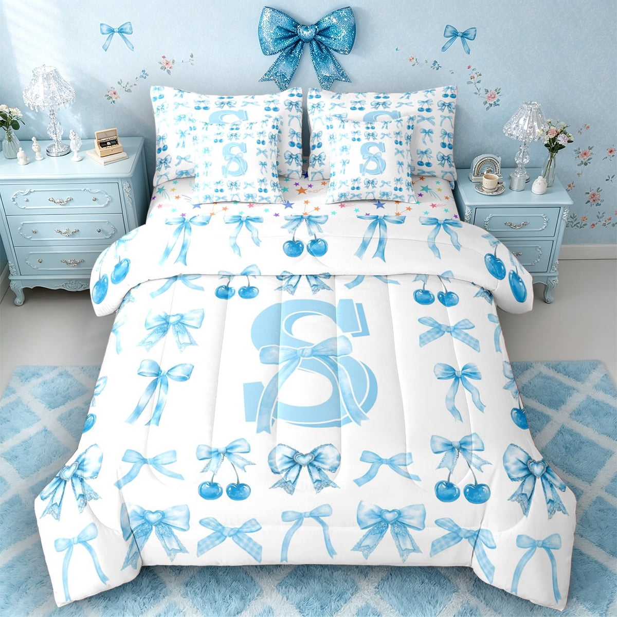 Castle FairyBlue Cherry Bow Letter S Bedding Comforter Set 7pcs for ...