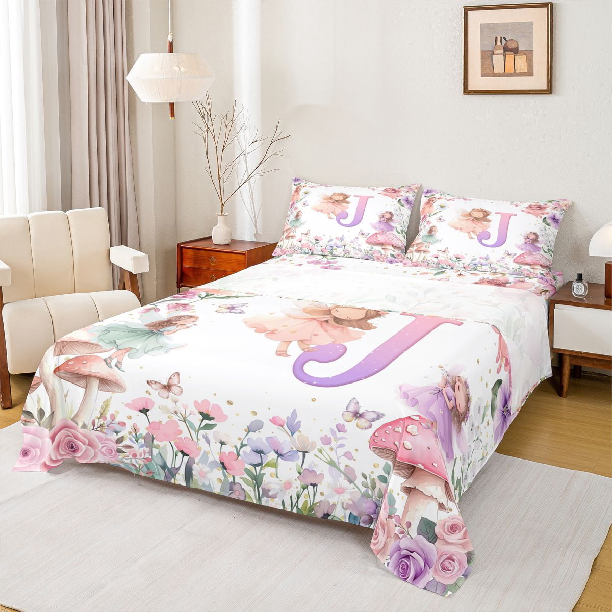 Castle Fairy Fairy Garden Letter J Queen Sheet Sets 4 Pieces for Girls ...