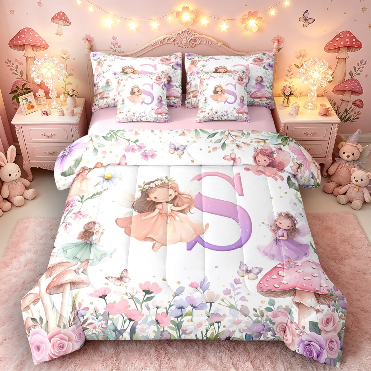 Castle Fairy Fairy Garden Letter S Twin Bedding Sets 7-Piece for Girls ...