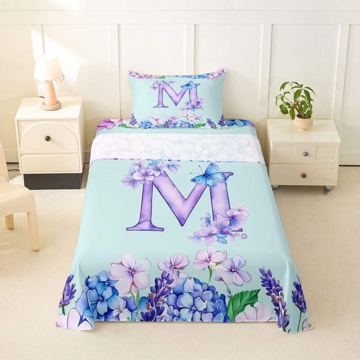 Castle Fairy Floral Butterfly Letter M Twin Sheet Sets 3pcs for Girls ...