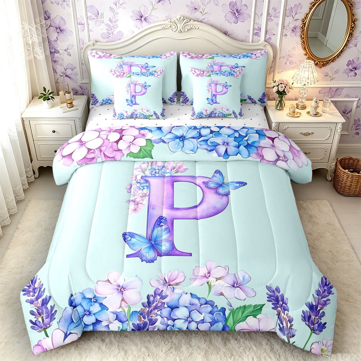 Castle Fairy Floral Butterfly Letter P Bedding Comforter Set 7pcs for ...