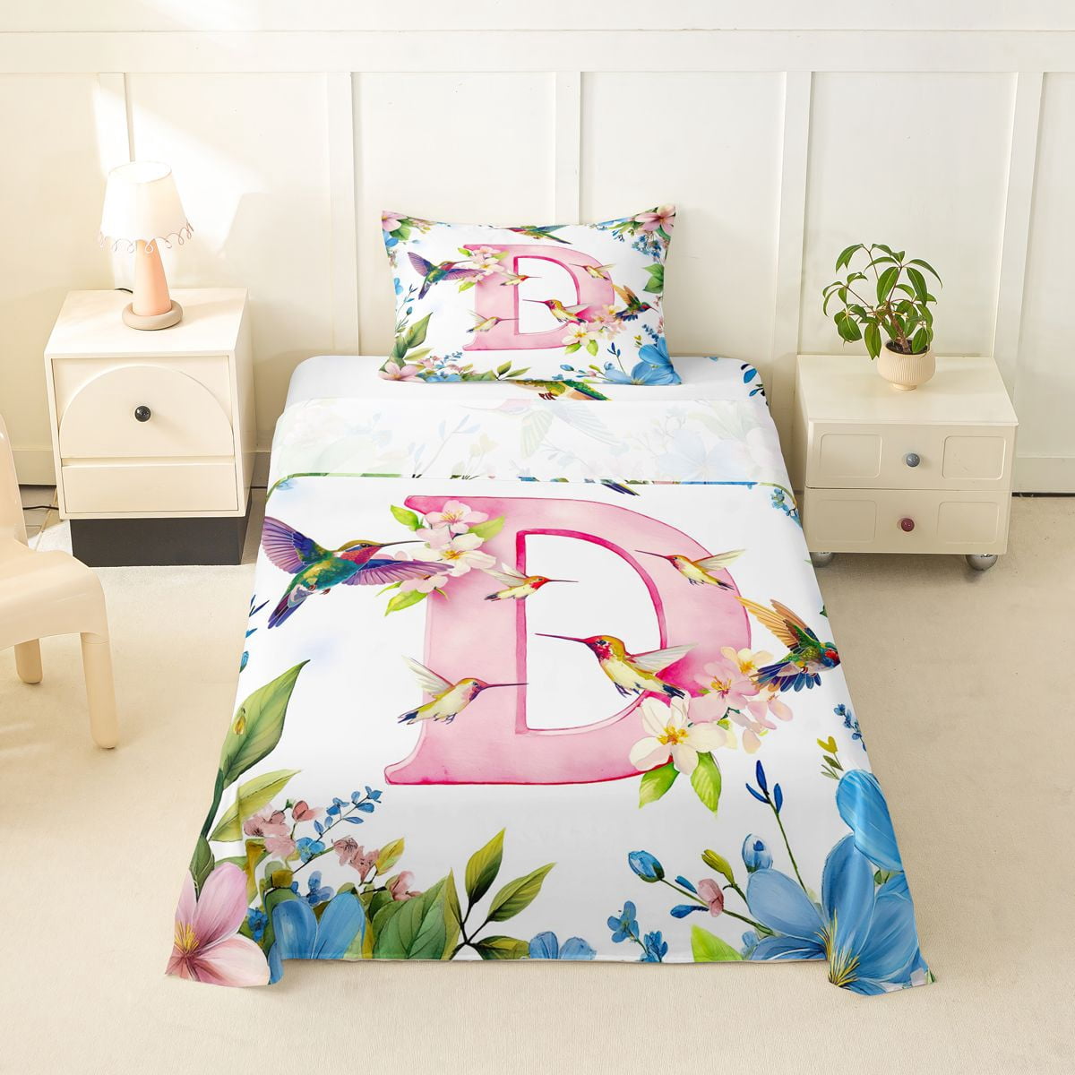 Castle Fairy Floral Letter D Hummingbird Twin Sheet Sets 3pcs for Teens ...