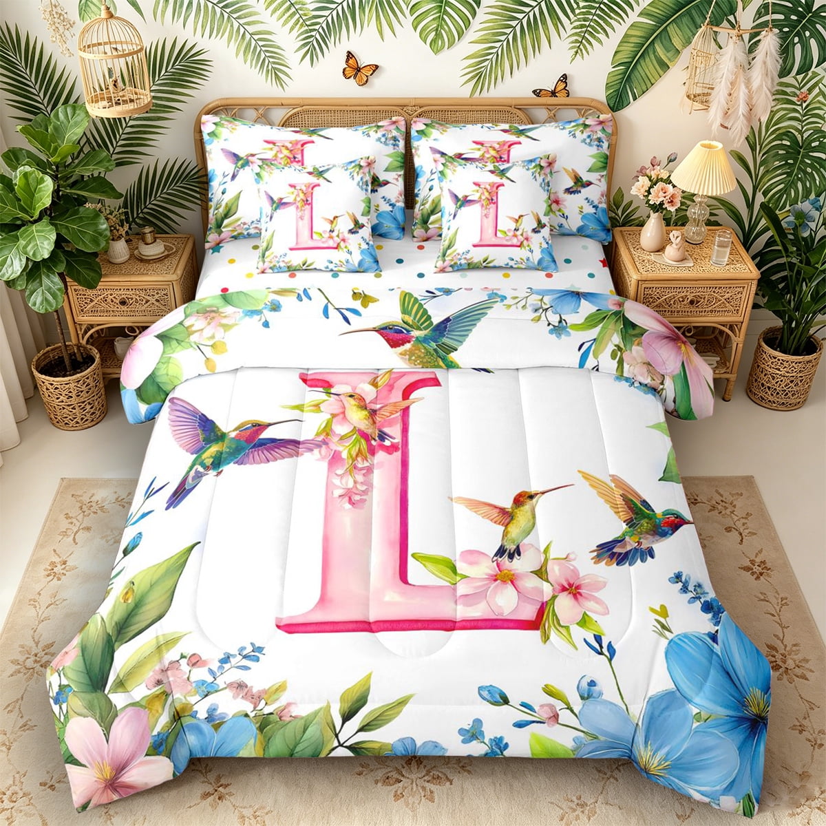 Castle Fairy Floral Letter L Hummingbird Bedding Comforter Set 7pcs for ...