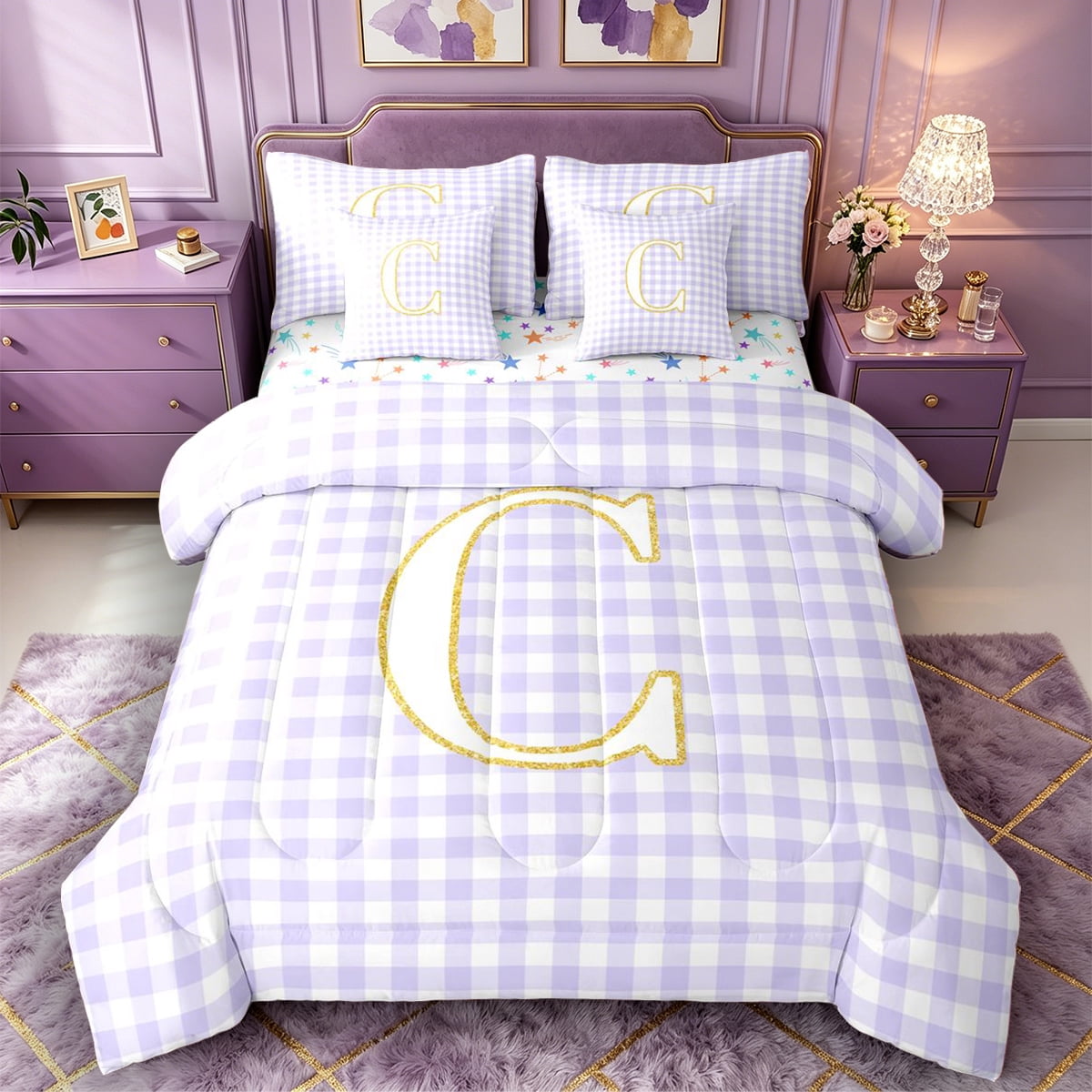 Castle Fairy Lattice Gold Letter C Bedding Comforter Set 7pcs for Girls ...