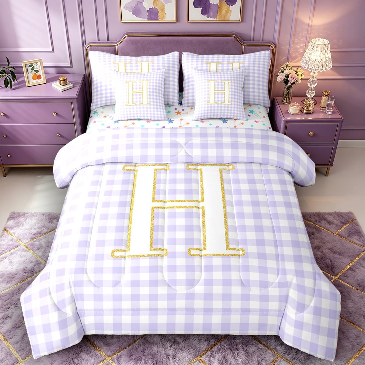 Castle Fairy Lattice Gold Letter H Twin Bedding Sets 7-Piece for Girls ...