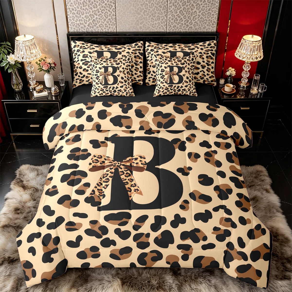 Castle Fairy Leopard Bow Letter B Bedding Comforter Set 7pcs for Girls ...