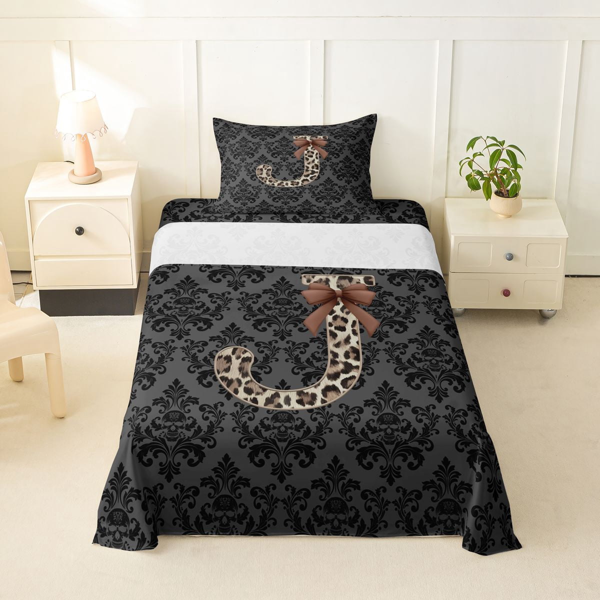 Castle Fairy Leopard Bow Letter J Twin Sheet Sets 3pcs for Girls,Gothic ...