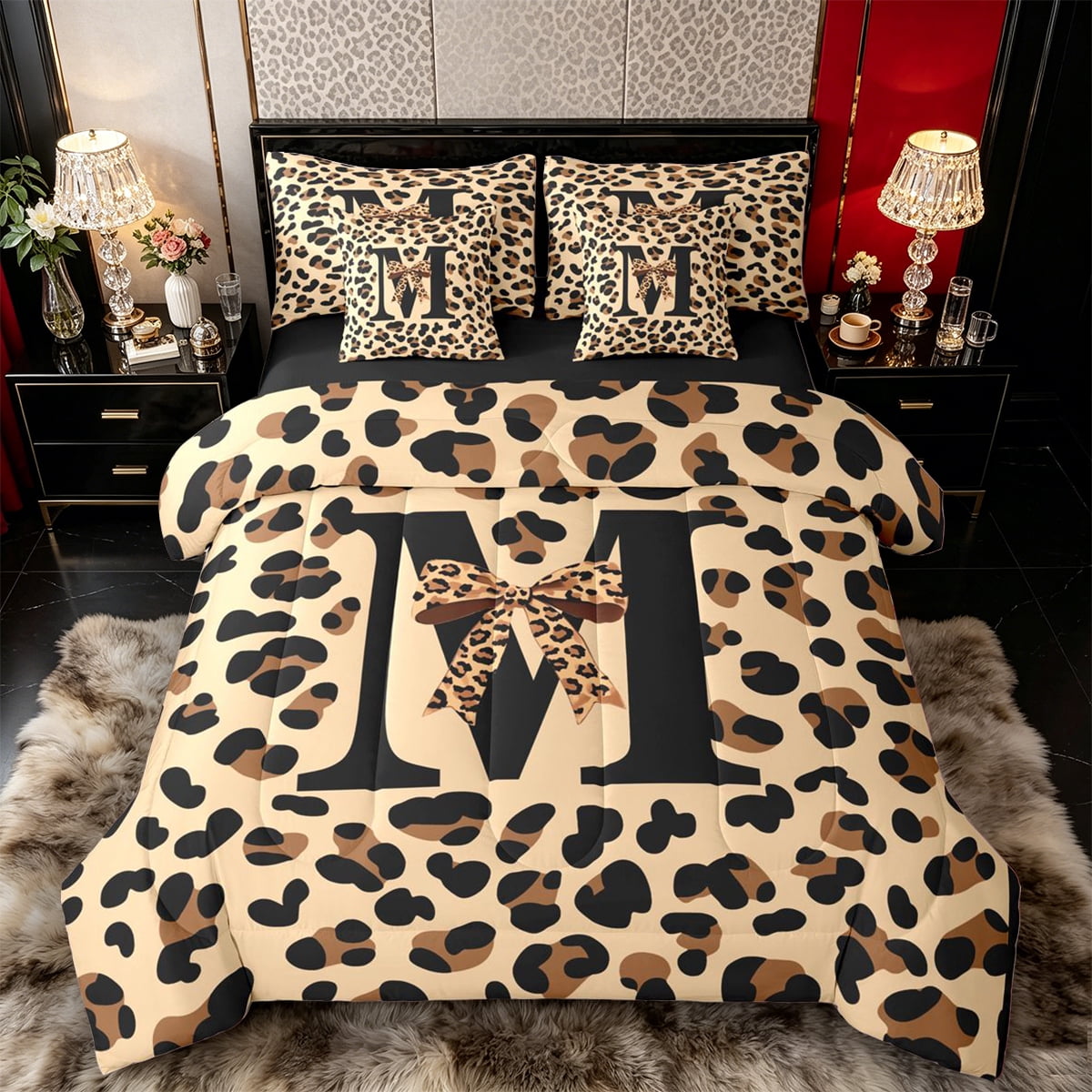 Castle Fairy Leopard Bow Letter M Twin Bedding Sets 7-Piece for Girls ...