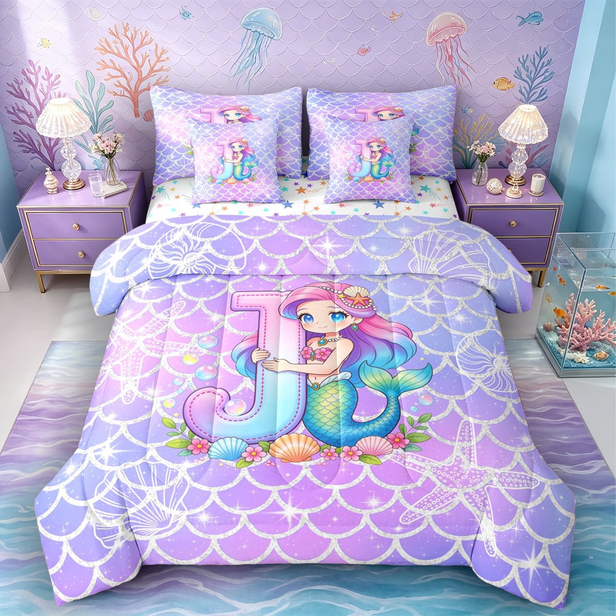 Castle Fairy Mermaid Letter J Bedding Comforter Set 7 Pieces for Kids ...