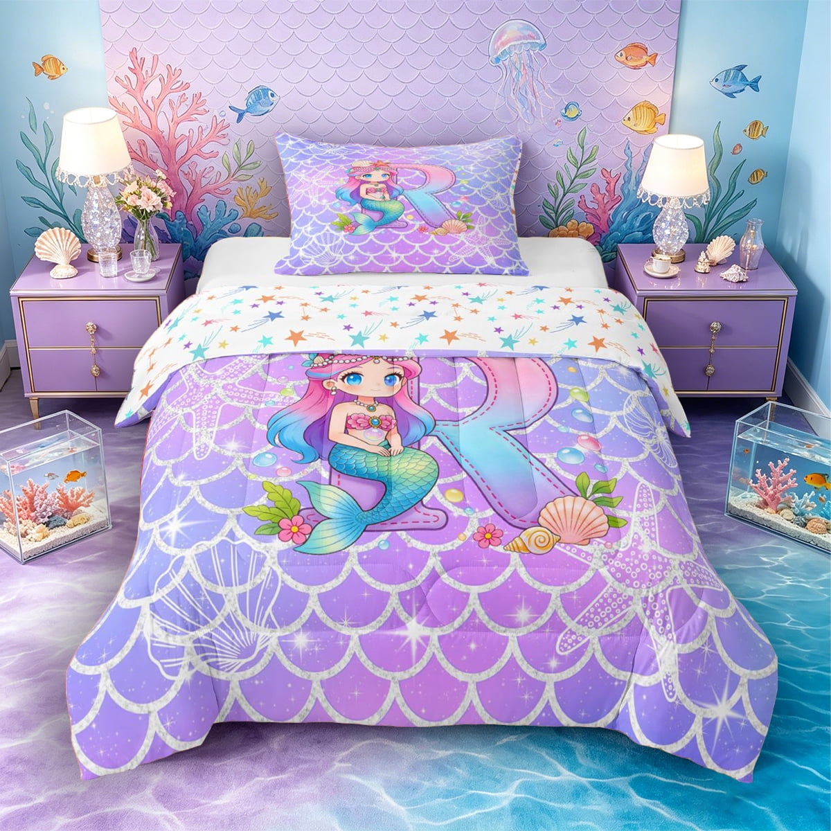 Castle Fairy Mermaid Letter R Twin Comforter Sets 3-Piece for Kids ...