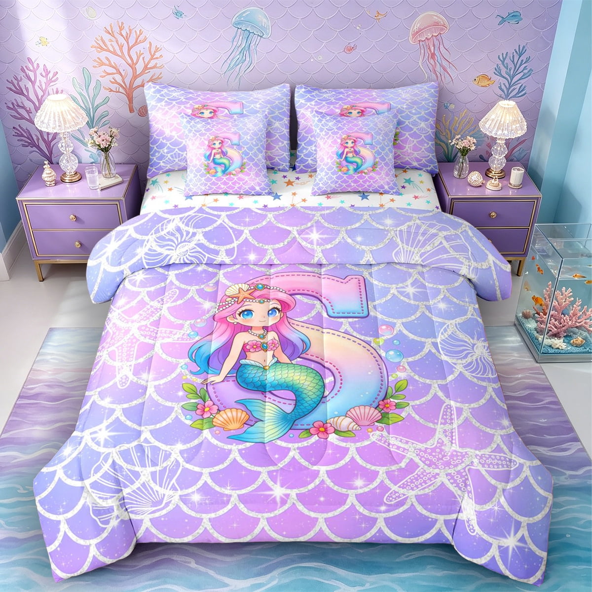 Castle Fairy Mermaid Letter S Twin Bedding Sets 7-Piece for Kids ...