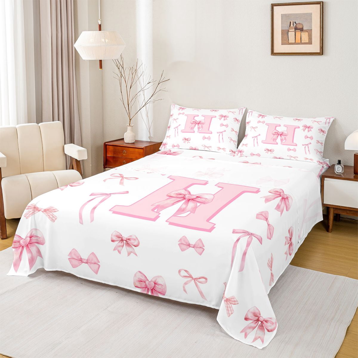 Castle Fairy Pink Bow Letter H Full Size Sheets 4-Piece for Girls ...