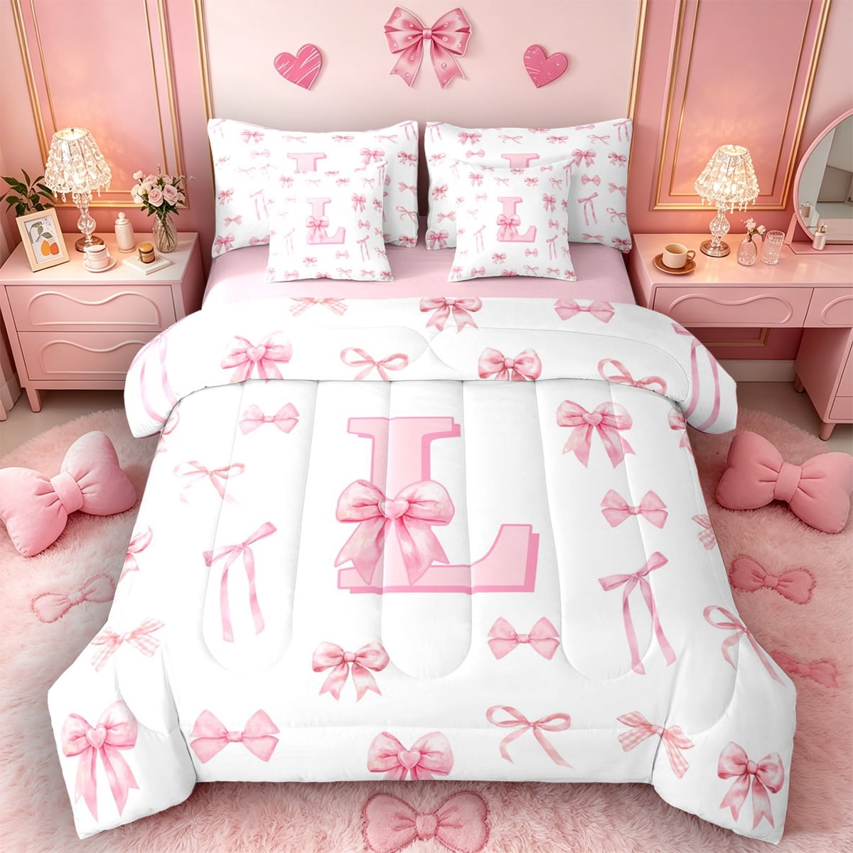 Castle Fairy Pink Bow Letter L Twin Bedding Sets 7-Piece for Girls ...